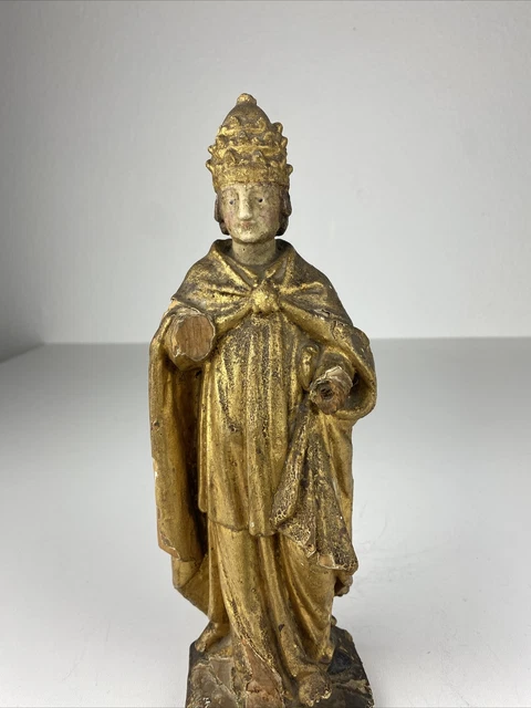 ANTICA STATUA SANTA scultura Mitra Papa Pietro? Legno intagliato antico ...