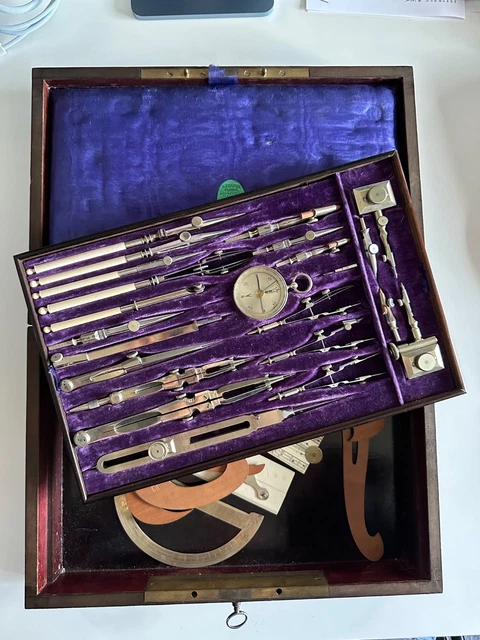 ROSEWOOD BOX OF ARCHITECTS TECHNICAL DRAWING INSTRUMENTS DIVIDERS JF ...