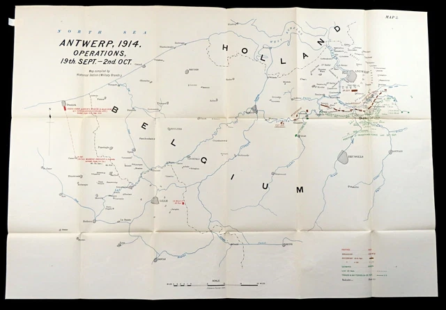 GRANDE WW1 MAPPA Anversa 1914 Militare Operations Carta Royal Marines ...