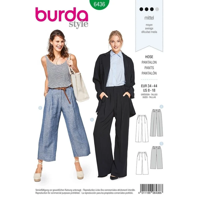 BURDA 6436 MISSES WIDE LEG TROUSERS Sewing Pattern Sizes 8 - 18 Skill ...