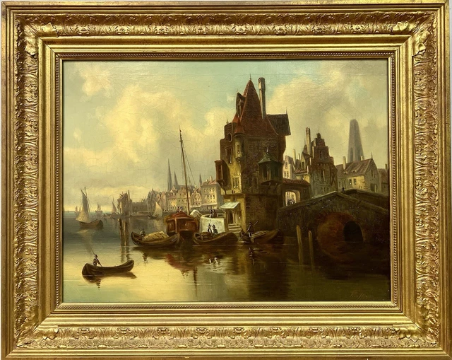 LUDWIG VAN HOOM 19th CENTURY DUTCH CANAL BARGES ANTIQUE OIL PAINTING ...
