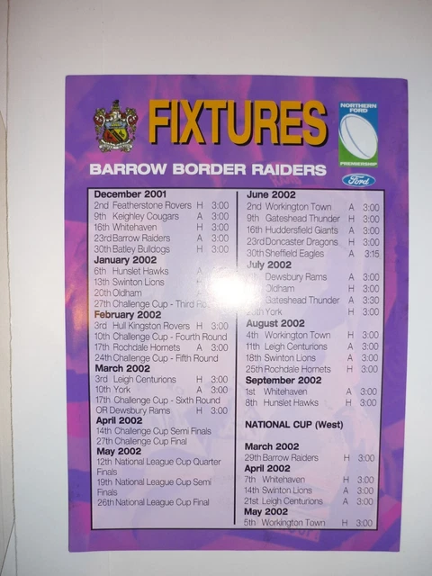 BARROW BORDER RAIDERS Fixture List for season 2001 to 2002 £0.50 ...