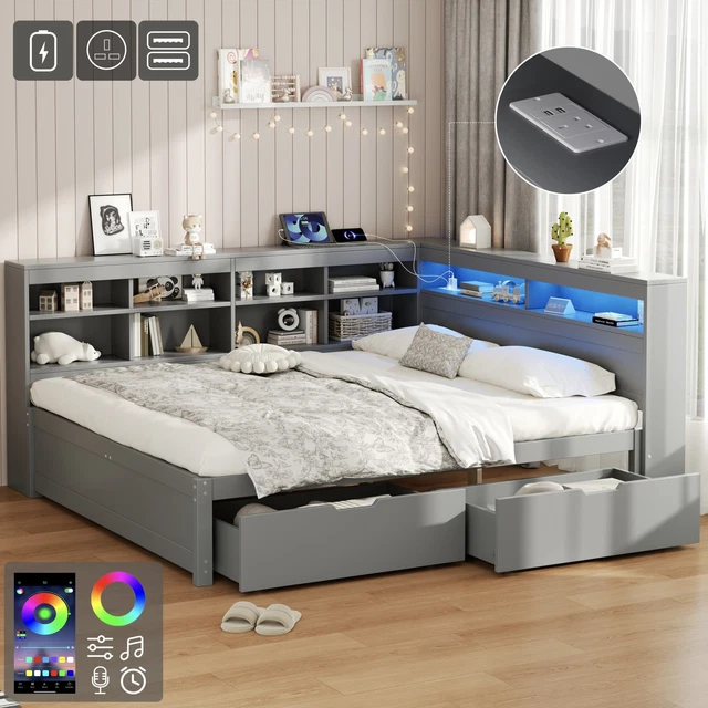 GREY DOUBLE DAYBED 4ft6 Bed Frame with Storage Drawers LED Charging ...