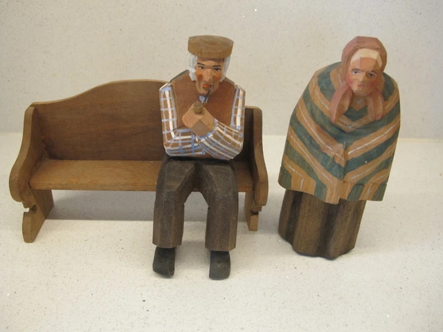 VINTAGE RARE SWISS HUGGLER WYSS Hand Carved Man on Bench & Wife - Rare ...