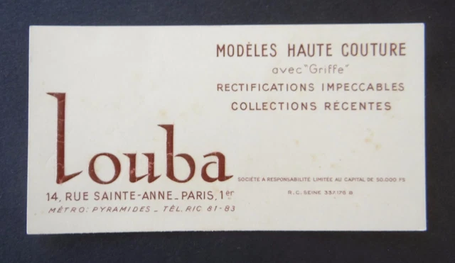 ANCIENNE CARTE DE visite LOUBA rue Sainte-Anne métro Pyramides HAUTE ...
