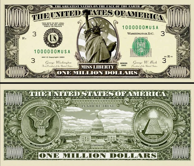 STATUE OF LIBERTY Million Dollar Bill Play Funny Money Novelty Note ...