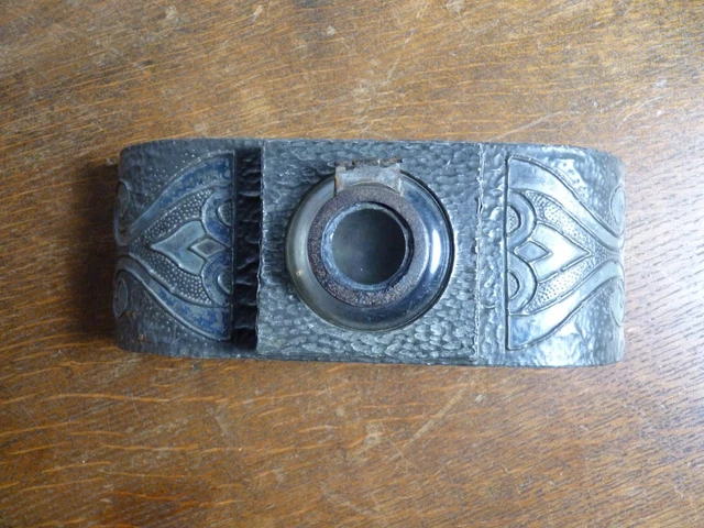 ANTIQUE ART NOUVEAU Hammered Pewter Inkwell Stand With Glass Insert (No ...