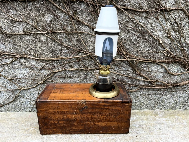 ANTIQUE LABORATORY OIL Lamp, with its original wooden box, and globes ...