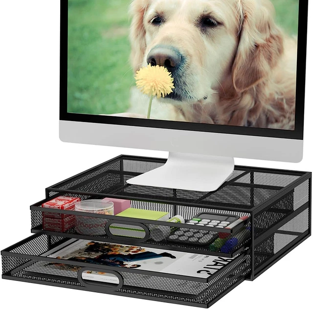 MONITOR STAND RISER with Drawer - Metal Mesh Desk Organizer with Dual ...