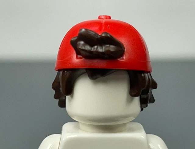 LEGO MINIFIGURE HAIR & Hat Combo Dark Brown Tousled Hair Red Hat Cap ...