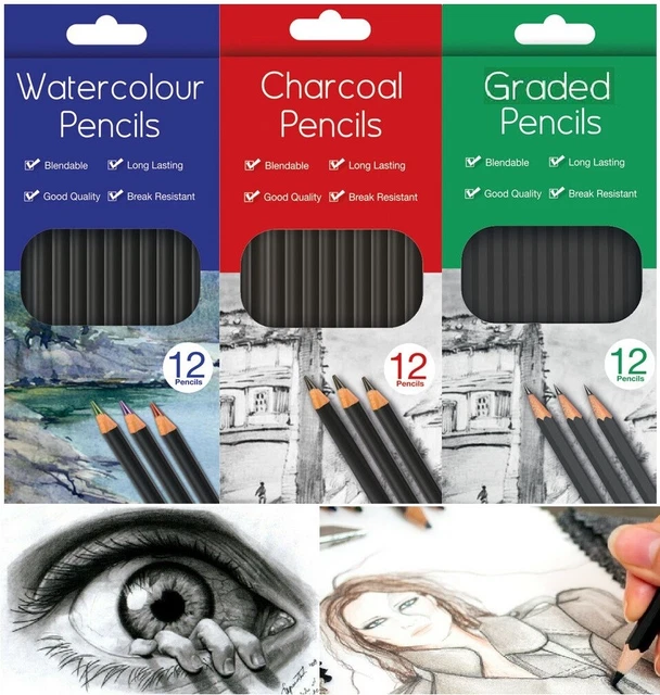 WATER COLOUR CHARCOAL Sketching Pencils Drawing Set of School HB Artist ...
