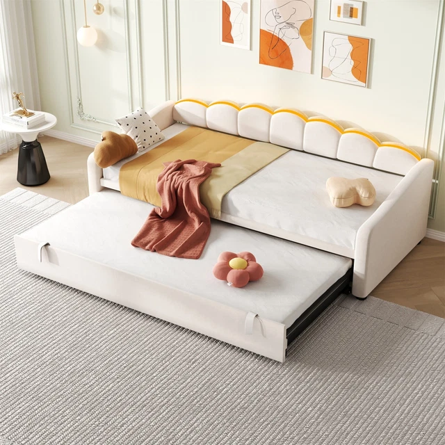 DAYBED, SINGLE BED Frame with Trundle, 3ft Upholstered Bed with LED ...