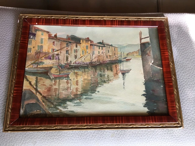 ANCIENNE AQUARELLE, MARTIGUES, Ile aux oiseaux, signature à identifier, bateaux EUR 45,00 ...