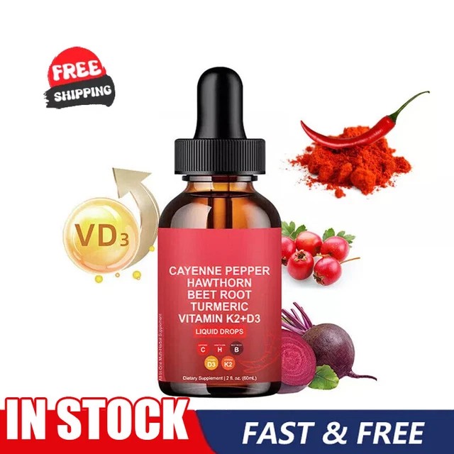 CAYENNE PEPPER HAWTHORN Beet Root Turmeric Vitamin K2+D3 Liquid Drops ...