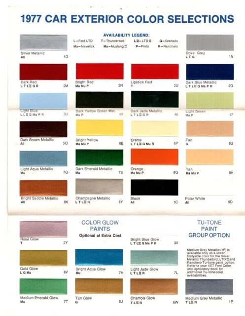 1977 FORD COLOR CHART Brochure : MUSTANG,LTD, TURIN, T-Bird, PINTO ...