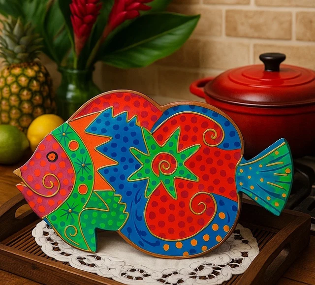 🐠 HAND-PAINTED / Folk Art - Wooden Fish Tray / Decorative Serving Board ...