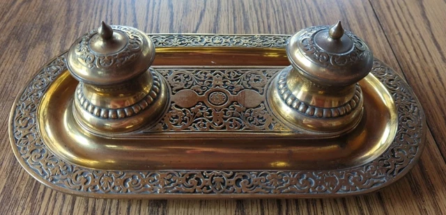 JENNINGS BROS ANTIQUE Brass Double Inkwell Colbolt Blue Glass Desk ...