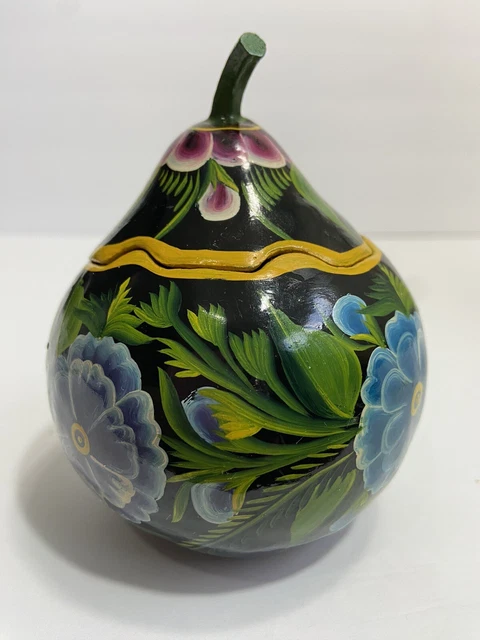 HAND PAINTED SHELLAC Carved Gourd Folk Art Trinket Box With Lid Floral ...