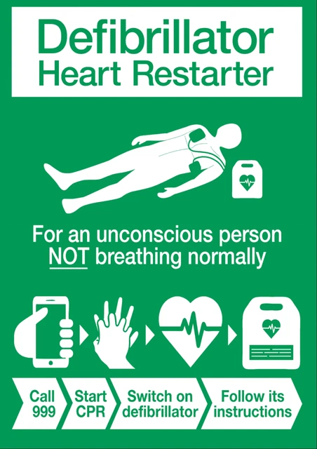 DEFIBRILLATOR HEART RESTARTER Instructions First Aid Sign Sticker 160mm ...