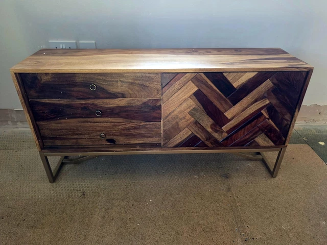 ACACIA WOOD HERRINGBONE TV Unit With Brushed Brass Finish Handles ...