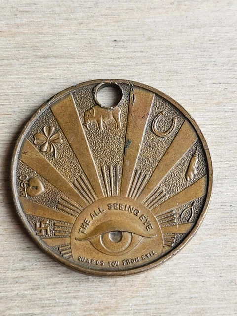 ANTIQUE GOOD LUCK Coin Medallion Medal Swastika All Seeing Eye Z12 $49. ...