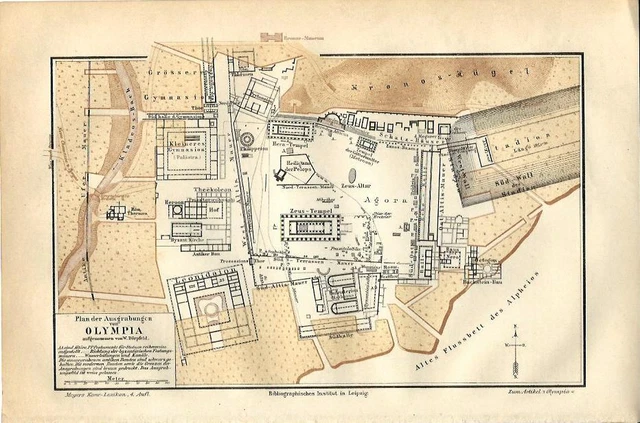 CARTA GEOGRAFICA ANTICA OLYMPIA OLIMPIA pianta città scavi 1890 Old ...