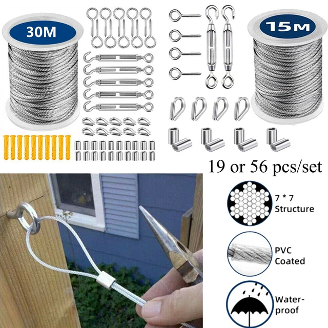 15/30M 2MM STAINLESS Steel Wire Rope Cable Railing Fence Roll Kits Hanging Hooks £14.99 ...