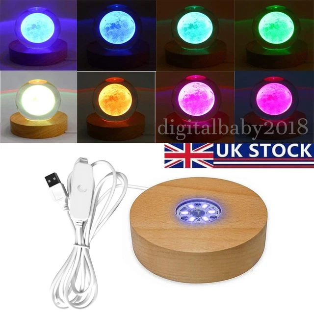 NEW LED LIGHTS Display Base 3D Crystal Ball Stand Round Wood Lamp ...