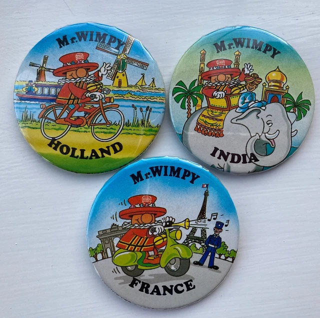 THREE VINTAGE MR Wimpy Badges - India Holland France - Good Condition £ ...