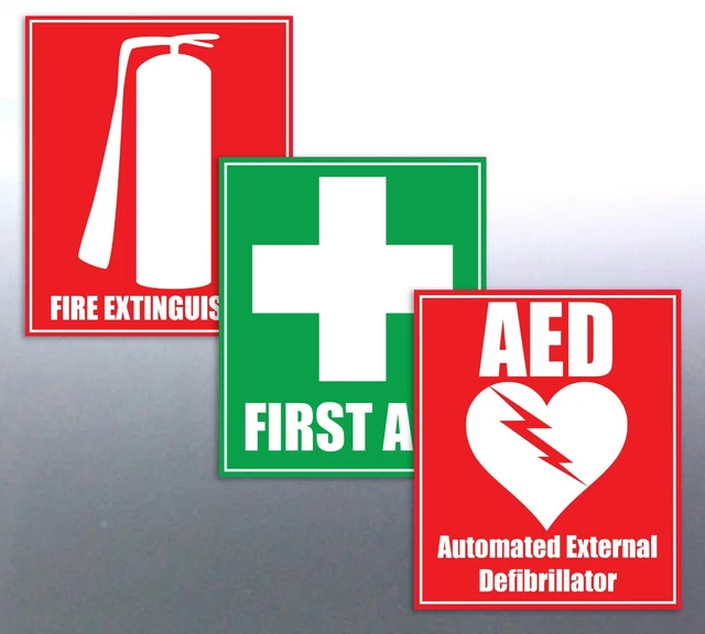 FIRST AID FIRE extinguisher AED sticker 100 x 120 mm car truck first ...