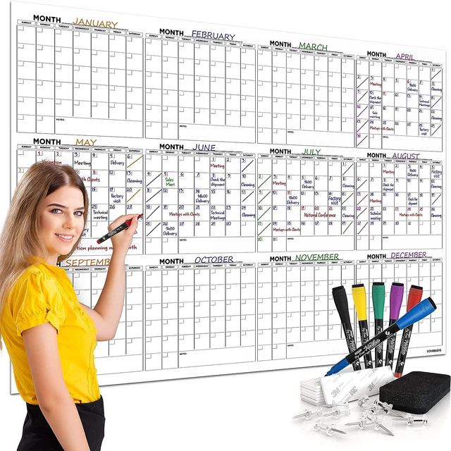 GRAND 91.4CMX122CM TABLEAU Blanc Calendrier Sec Efface pour Mural 12 ...