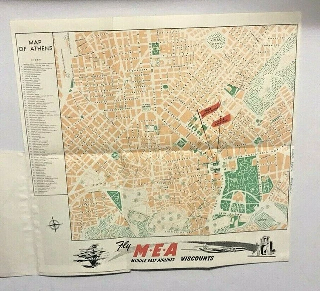 VINTAGE MEA MIDDLE East Airlines Map Greece Athens Brochure 1950s £28. ...
