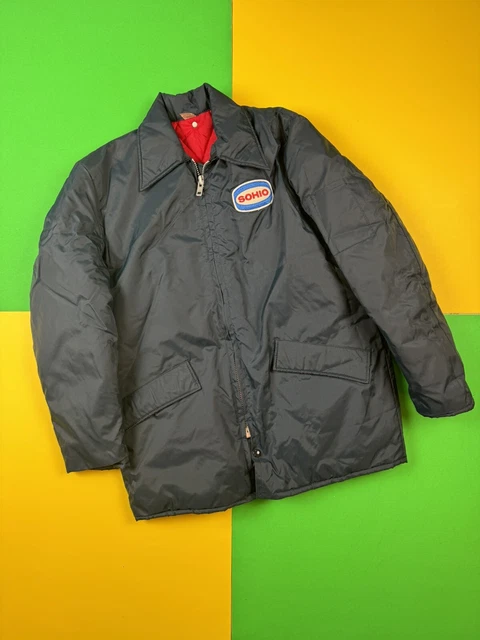 VINTAGE 70S SOHIO Oil Gas Station Coat Mens Medium Lined Navy Blue ...