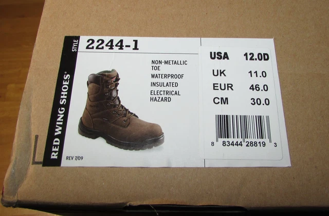 RED WING BOOTS Mens 12-D 8" Brown Waterproof 2244-1 Non Metallic Safety ...