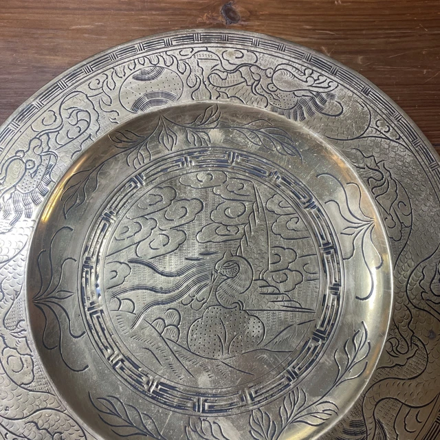 ANTIQUE CHINESE HEAVY Brass Hand Engraving Plate Charger Dragon Phoenix ...