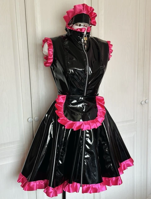 MISFITZ BLACK PVC & hot pink satin padlock sissy maids dress. SIZE 18 ...