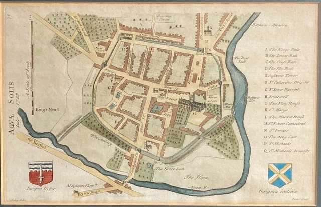 ANTIQUE COLOURED STREET map of Bath (Aqua Solis) dated 1723 £30.00 ...