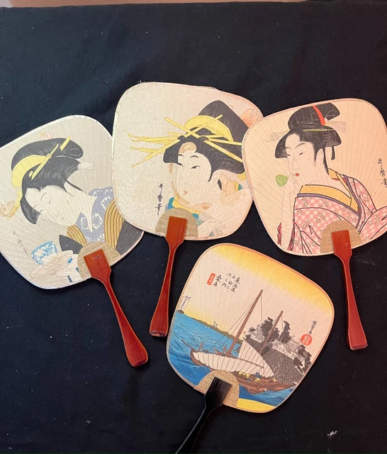 VINTAGE JAPANESE UCHIWA Hand Fans Bamboo Handles Made in Japan. Small ...