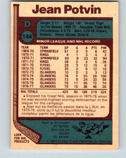 (HCW) 1977-78 O-PEE-CHEE #144 Jean Potvin Islanders de New York V13905 ...