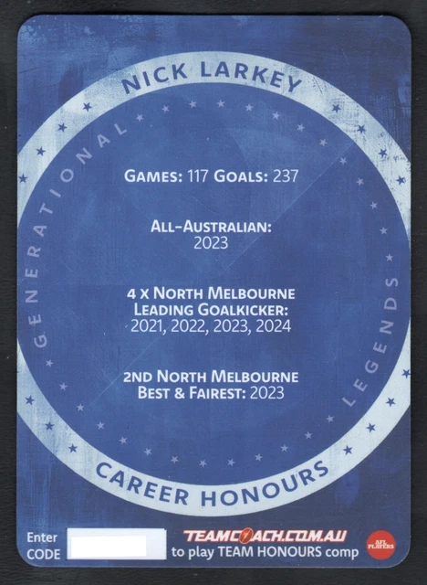 2025 AFL TEAMCOACH GENERATIONAL LEGEND CARD - GL-12 Nick LARKEY /NORTH ...