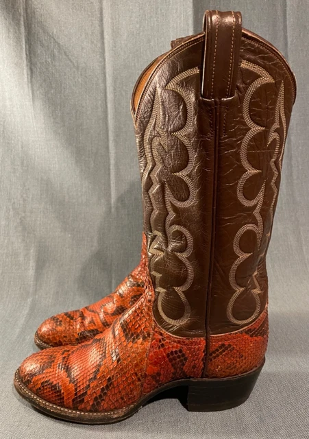 TONY LAMA EXOTIC Brown Leather Orange Python Snakeskin Cowboy Boots Men ...