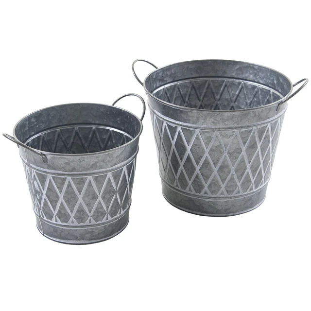 LARGE ROUND GALVANISED Metal Plant Pot Bucket Planter Flower Garden ...