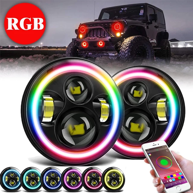 PAIR RGB 7'' Halo LED Headlights DRL Lights Combo Kit For Jeep Wrangler ...