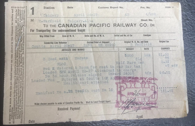 1940S CANADIAN PACIFIC Railway Co. Horse Freight Receipt Bill of Lading ...