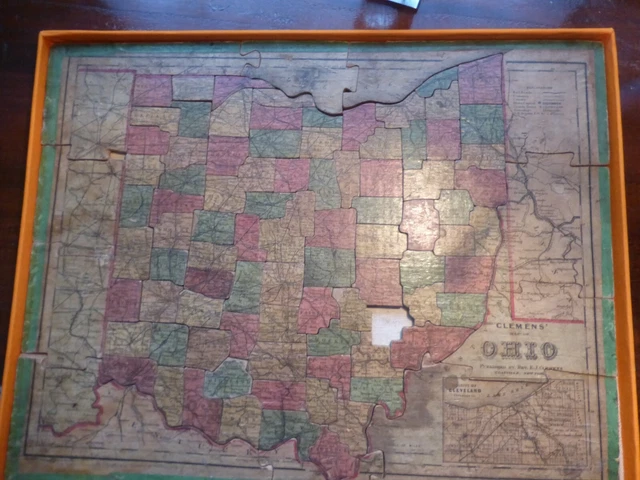 19TH CENTURY WOODEN jigsaw puzzle map Ohio by Colton - (Clemens' Silent ...