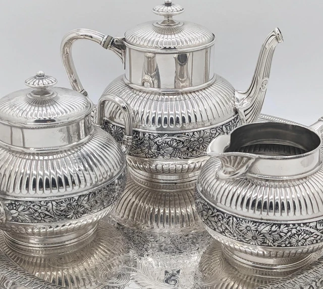 VICTORIAN AESTHETIC SIMPSON Hall Miller Silver Plate Tea Set Round Tray ...
