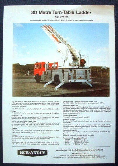 HCB ANGUS 30 Metre Turn-Table Ladder Fire Engine Sales Brochure £11.99 ...