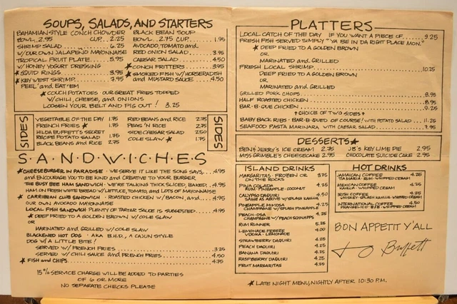 1980S JIMMY BUFFETT Margaritaville Cafe Restaurant Menu Parrothead ...