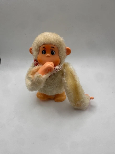 VINTAGE WIND UP Monkey Plush Toy Thumb Sucking Mechanical Baby Ape ...
