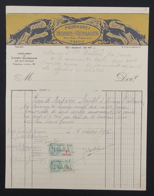 FACTURE 1920 FOURRURE MENDEL NEUBAUER LIVRY-GARGAN entête illustrée 101 ...